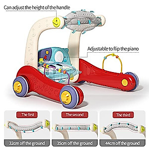 Jovow 2 in 1 Baby Gym with Walker,Baby Play Mat with 5 Infant Learning Sensory,Double-Sided Multifunctional Removable Play Piano Panel ,Sit-to-Stand Learning Walker for 0-24 Months Boy Girl