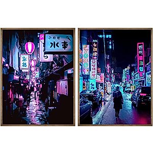 uruzuo Set of 2 Japanese Poster Tokyo Streets in The Night Sky Cool Cyberpunk Decor Japan Neon Canvas Wall Art Posters for Room Aesthetic Birthday Christmas Gifts 12x16 inch Unframed, White