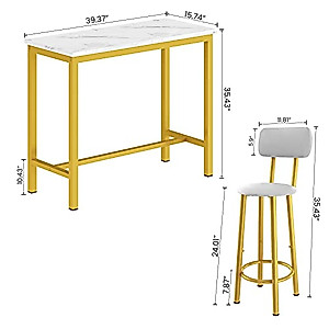 AWQM Bar Table Set of 2,39.3" Faux Marble Table Top & 2 PU Upholstered Stools with Backrest,3 Piece Industrial Pub Height Table Set,for Living Room,Kitchen,Bar,White & Gold & Grey