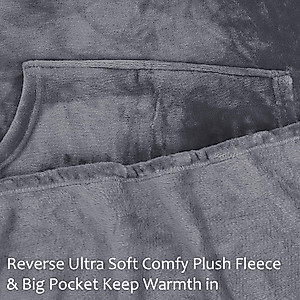 Hooded Poncho Blanket, Fleece Wearable Throw Wrap with Hood and Pocket, Warm Cozy Soft for Adult Women Men Kids, Indoor or Outdoor Grey