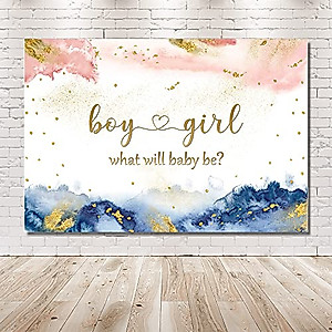 MEHOFOND 7x5ft Gender Reveal Backdrop Boy Or Girl Photography Background Watercolor Pastel Clouds Rose Gold and Royal Blue He Or She Pregnancy Reveal Surprise Party Banner Photo Studio