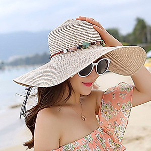 Women's Wide Brim Sun Protection Straw Hat,Folable Floppy Hat,Summer UV Protection Beach Cap (Chain-Beige)