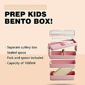 Sudreman Stackable Bento Box Japanese Lunch Box Kit with Spoon & Fork, 3-In-1 Compartment - Wheat Straw Meal Prep Containers -1000ml