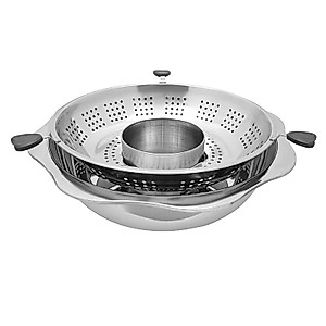 Leblett Stainless Steel Shabu Shabu Hot Pot And Filter Grid Combo,14“ Inner Dia Large Lifting Hot Pot W/Lifting Strainer,Fit Induction Cooktop Gas Stove Ceramic Stove,for 8-12 Persons(w/Small Pot,A)