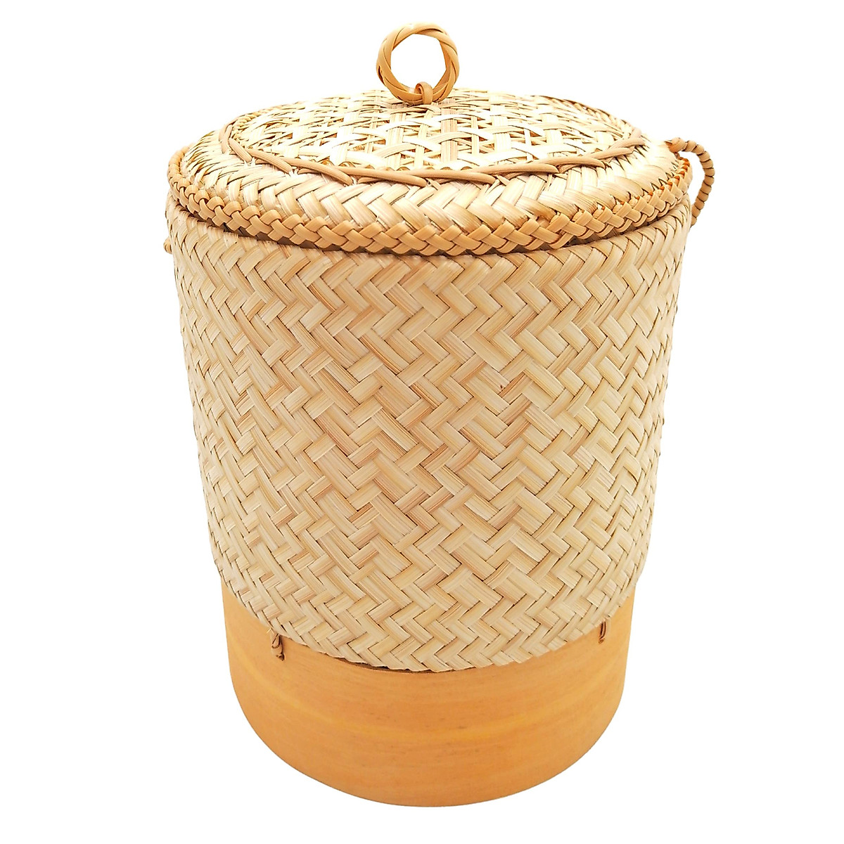 Bamboo Sticky Rice Serving Basket 6.5 x 5.5 Inch, Kratip, Intricately Woven Container, Cylinder-Shaped with a Lid, Thailand Handmade, Original Natural Bamboo Color (Original Natural Bamboo Color)