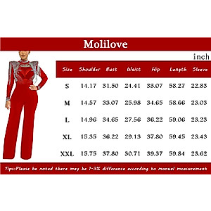 Molilove Women's Sexy Jumpsuit Elegant Long Sleeve Bodycon Sheer Mesh See Through Rhinestone Casual Loose Jumpsuits