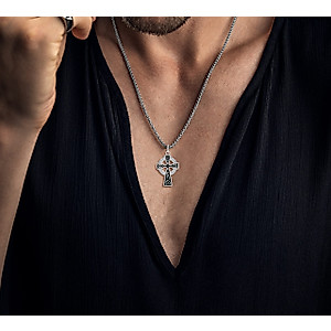 Pome Celtic Cross Trinity Knot Pendant Necklace in Sterling Silver with CZ, Made in America (22" Necklace, Black Enamel)