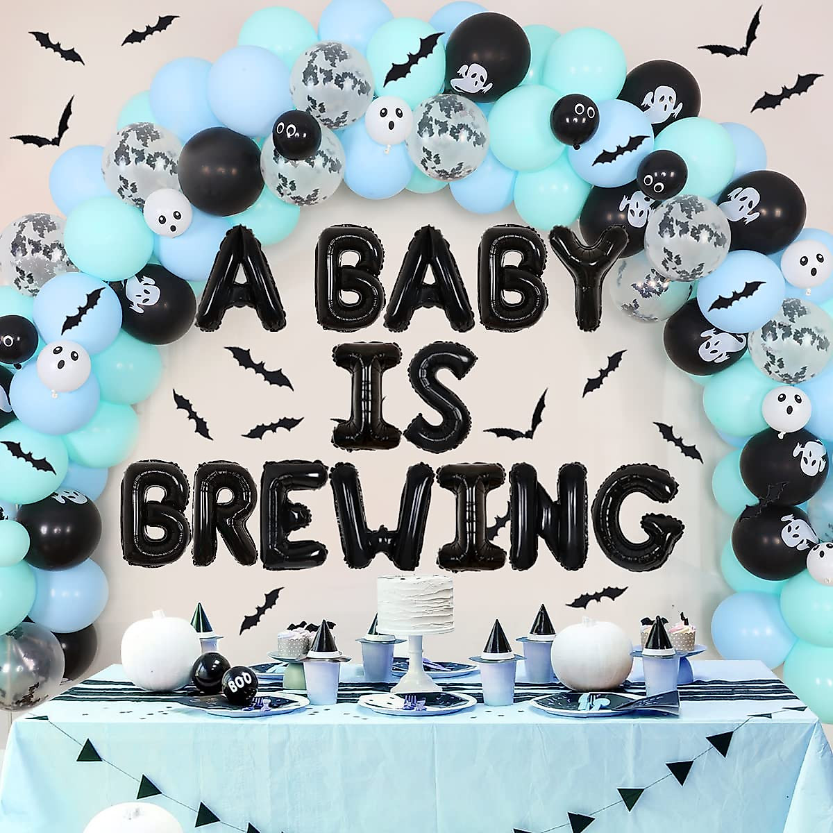 Halloween Baby Shower Decorations for Boy - A Baby is Brewing Blue Balloon Garland Arch Kit Ghost Bat Foil Balloon Baby Shower Pregnancy Announcement Gender Reveal Party Supplies
