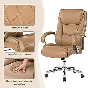 Elm Plus Big and Tall Executive Office High-Back Computer Desk Swivel Adjustable Air PU Leather Ergonomic Chair with Lumbar Support, 400-Pound Capacity, Camel