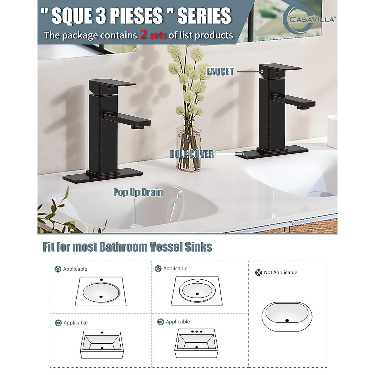 Casavilla Bathroom Sink Faucet-2 Sets, Oil Rubbed Bronze Bathroom Faucet with Pop-up Drain and 6 Inch Deck Plate, Single Handle Faucet for Bathroom Sink (2 Holes), Modern Farmhouse RV Sink Faucet