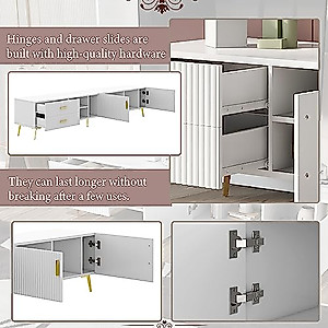 LUMISOL Mid-Century Modern TV Stand for 75+" TV, Entertainment Center with Cabinets and Drawers, Wood TV Console Table with Open Shelves and Gold Legs for Living Room, Bedroom