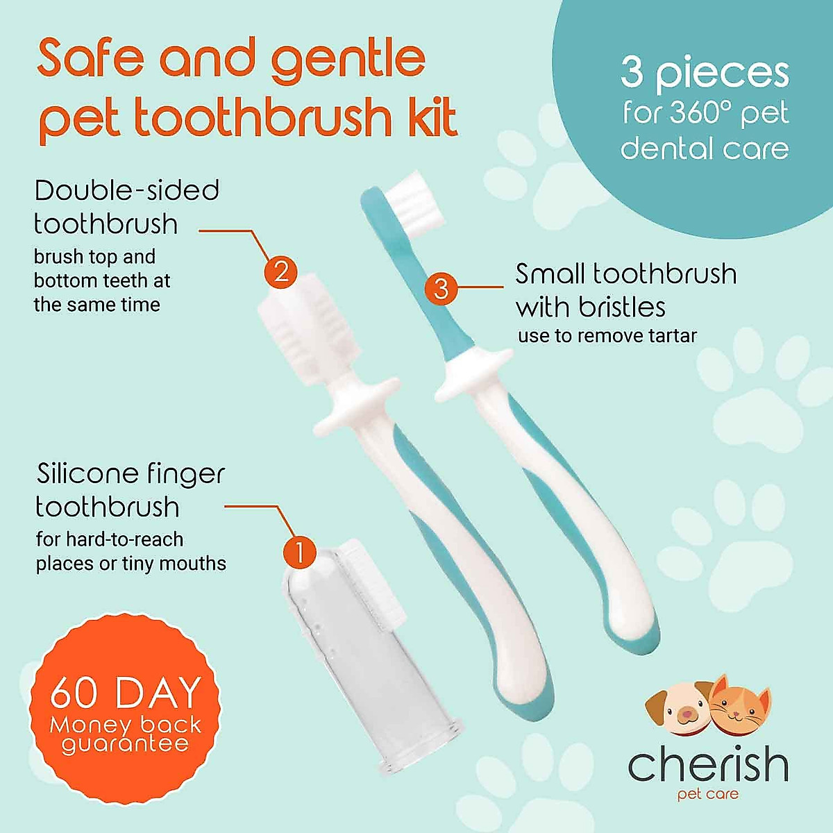 Cherish Pet Care Dog Tooth Brushing Kit (3pcs) - Dog Finger Toothbrush, Double-Sided Toothbrush, Small Dog Toothbrush, Dog Teeth Cleaning, Puppy Tooth Brushing Kit, Small Dog Tooth Brushing Kit
