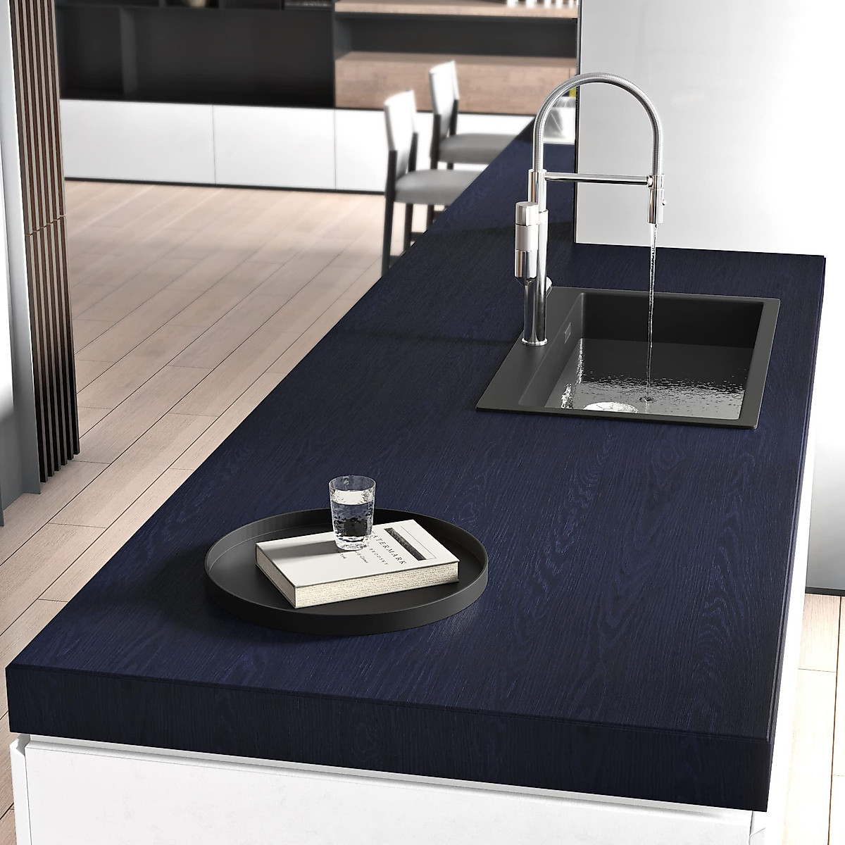 Skyblur Wood Navy Blue Contact Paper for Countertops Peel and Stick Wallpaper Deep Blue 24"x118" Realistic Wood Vinyl Removable Wall Paper Textured Navy Blue Contact Paper for Cabinets Kitchen Walls