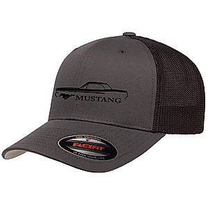 1965 1966 Ford Mustang Hardtop Outline Design Flexfit Trucker Mesh Fitted Cap Grey/Black