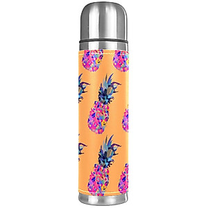 Stainless Steel Leather Vacuum Insulated Mug Pineapple Thermos Water Bottle for Hot and Cold Drinks Kids Adults 16 Oz