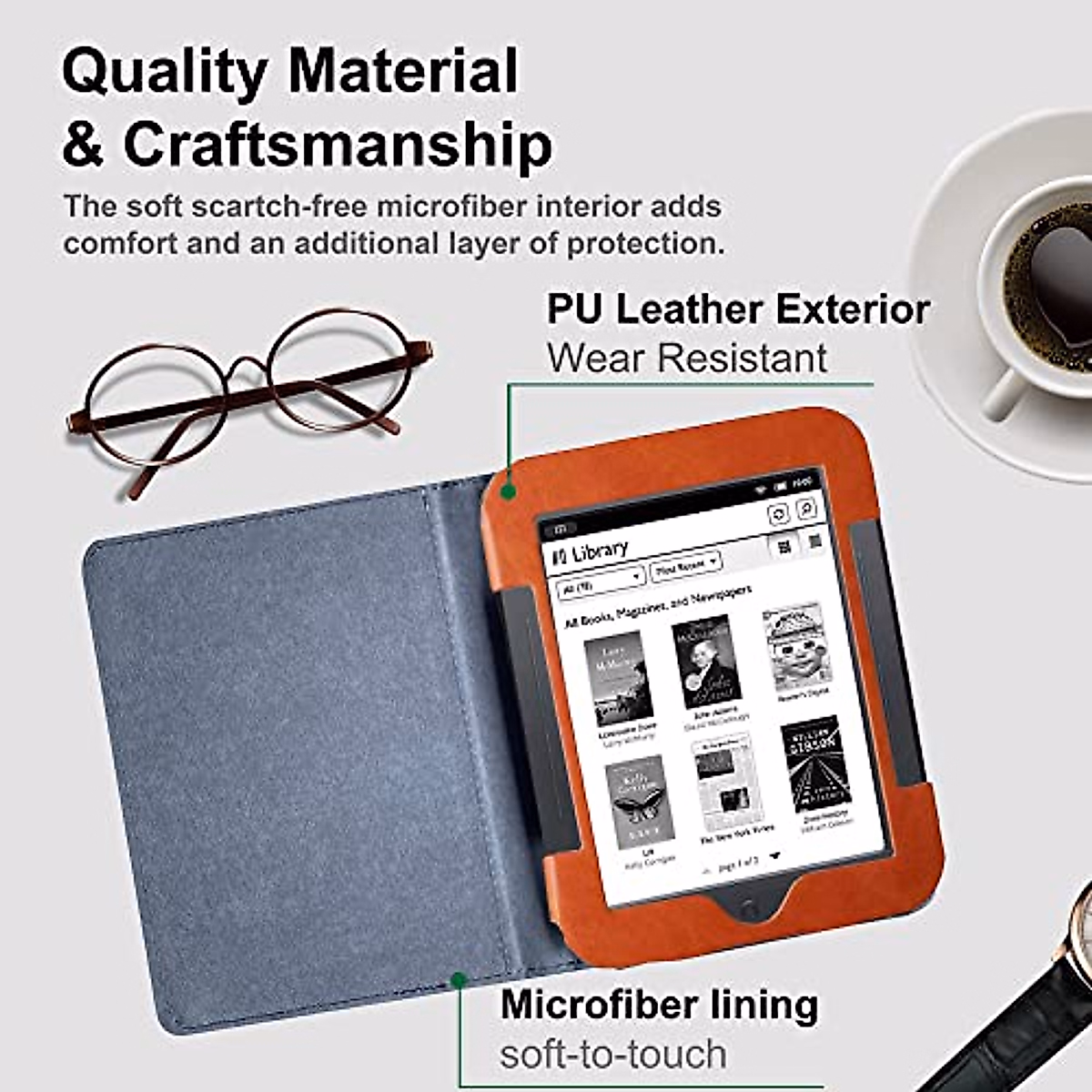 Kuesn Barnes & Noble Nook Simple Touch eBook Reader Case, Flip Leather Cover for 6 Inch Nook Model BNRV300 BNRV350 BNRV500 Heavy Duty Protection Case (Brown)