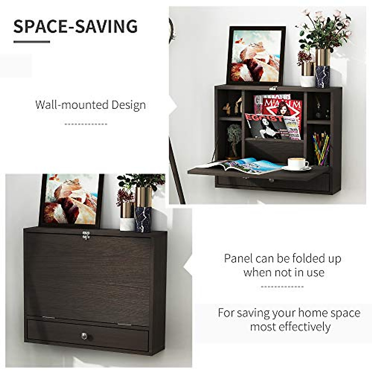 HOMCOM Wall Mounted Desk with Storage Shelves, Floating Desk with Foldable Tabletop, Space Saving Computer Writing Table, Coffee
