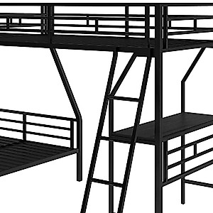 RORIGAT Metal Bunk Bed, Twin Over Full Size Triple Beds with Desk, L-Shape Loftbed for 3, Space-Saving Design/No Box Spring Needed, Black