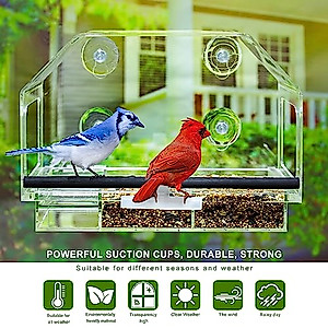 EHONBFLC Window Bird Feeders with Strong Suction Cups, Drain Holes, Clear Bird Feeder for Outside,Balcony Glass Mount, Acrylic Bird Feeders, Large Bird House with 3 Compartment Removable Tray