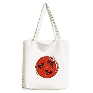 Japan Red Goldfish Circle Portrait Tote Canvas Bag Shopping Satchel Casual Handbag