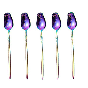 Stainless Steel Spoon Set 5 Pack, Rose flower shaped spoon, Coffee spoon，Dessert Spoon, Ice Cream Spoons, tea spoons，Love spoon, Cute holiday gift (Colorful)