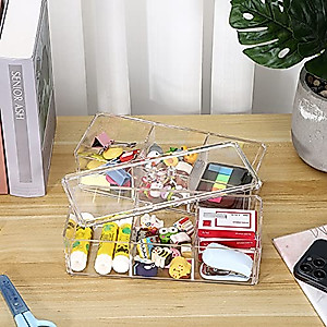 BTSKY Clear Acrylic 6 Section Organizer, Rectangular Stackable Organizer with Lid, Multi-Sectional Drawer Tray Storage Organizer Box Containers for Makeup Vanity Office Bathroom and Kitchen