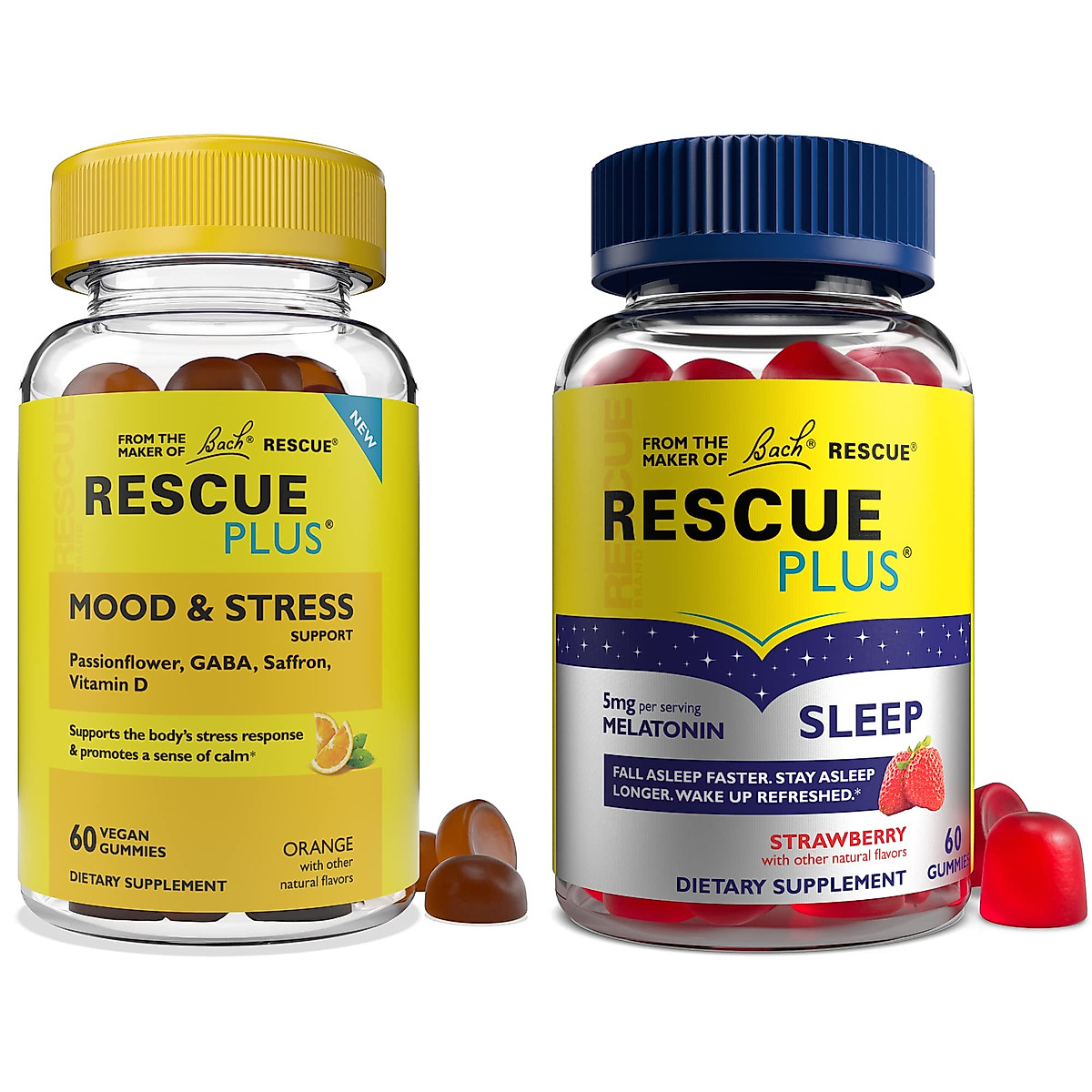 RESCUE Bach Plus Sleep Gummies with 5mg Melatonin/dose [and] Bach Plus Mood & Stress Support Gummies with Key Nutrients and Botanicals - 2PK Dietary Supplements, 60Ct Each
