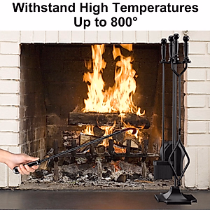 5 PCS Fireplace Tools Set Wrought Iron Fire Place Accessories Tools Holder with Handles Tools for Indoor Fireplace Decor Outdoor Fire Pit Modern Tool Poker Tongs Shovel Brush Wood Stove Hearth Black