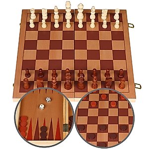Sterling Games Chess, Checkers, Backgammon Game 3 in 1 Combo Set | 15 inch Wooden Folding Chess Board Game Set for Kids and Adults