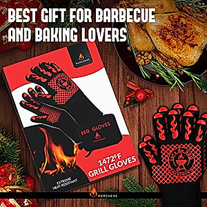 MERCHENS Oven Mitts - Insulated, Fireproof, Extreme Heat Resistant Silicone Grill Gloves That Take Barbecuing to New Heights - Extra Long Oven Mitts - Indoor & Outdoor Wear with Protective Case (Red)