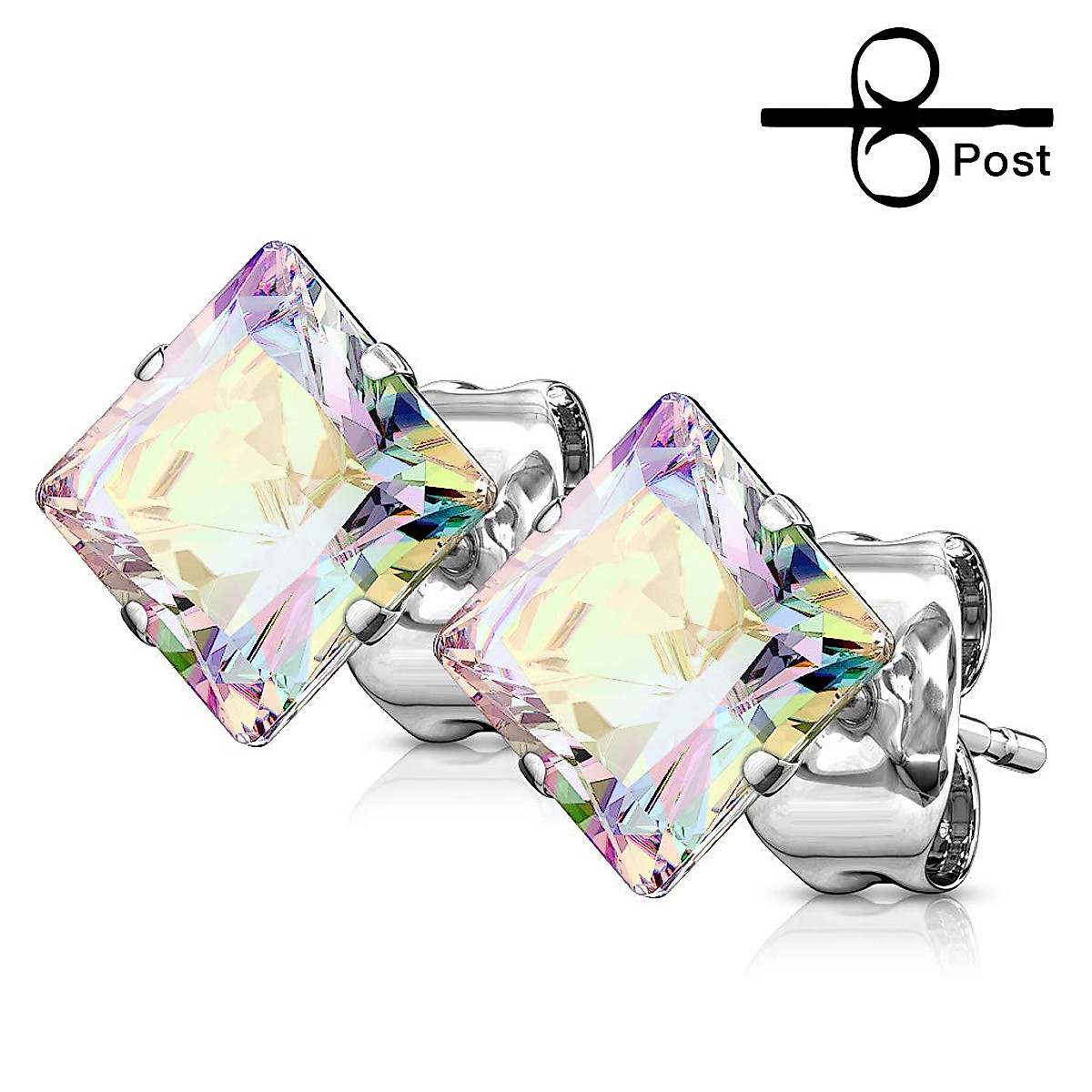 Amelia Fashion 22GA Pair Princess Cut Square Aurora Borealis CZ Earring Studs 316L Surgical Stainless Steel (4mm Aurora Borealis)
