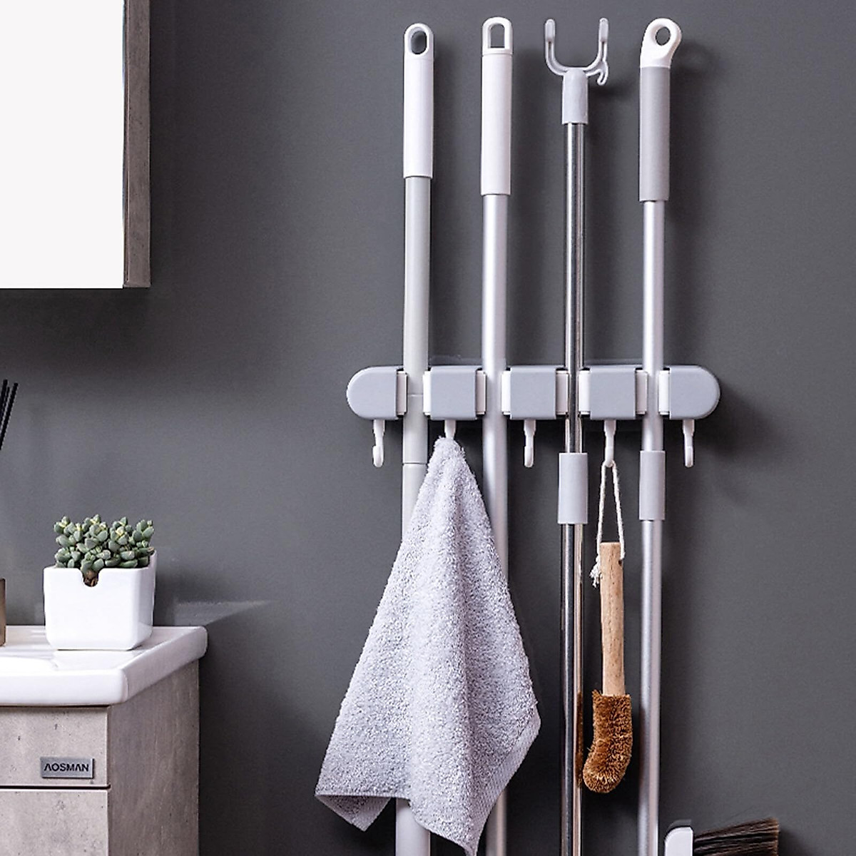 Broom and Mop Holder Wall Mount, 5 Hooks and 4 Slot, Adhesive Garden Tool Rack Organizer for Closet Garage Laundry Room, Anti-Slip Hanger for Brooms, Mops, Rakes, Dustpans, 13 x 2.2 x 1.8 inches