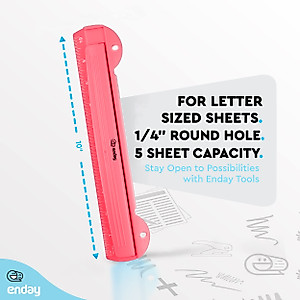 3 Hole Punch Pink, Portable Hole Puncher for 3 Ring Binder, 5 Sheets Capacity, Removable Chip Tray, 10” Ruler for School, Office, Also Available in Purple, Blue, Green, Red, Grey, 1 Pc-by Enday