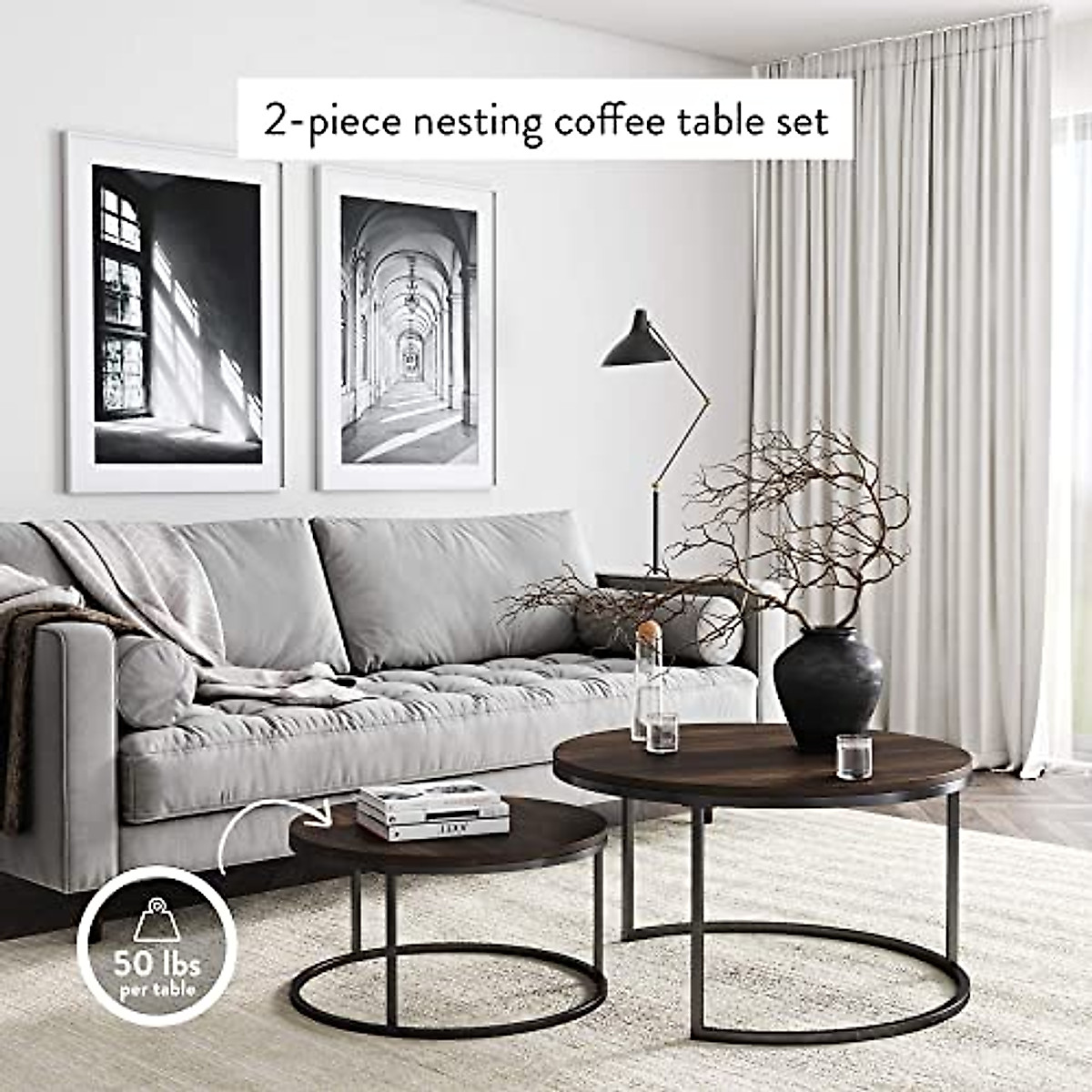 Nathan James Stella Round Modern Nesting Coffee Set of 2, Stacking Living Room Accent Tables with an Industrial Wood Finish and Powder Coated Metal Frame, Warm Nutmeg/Matte Black