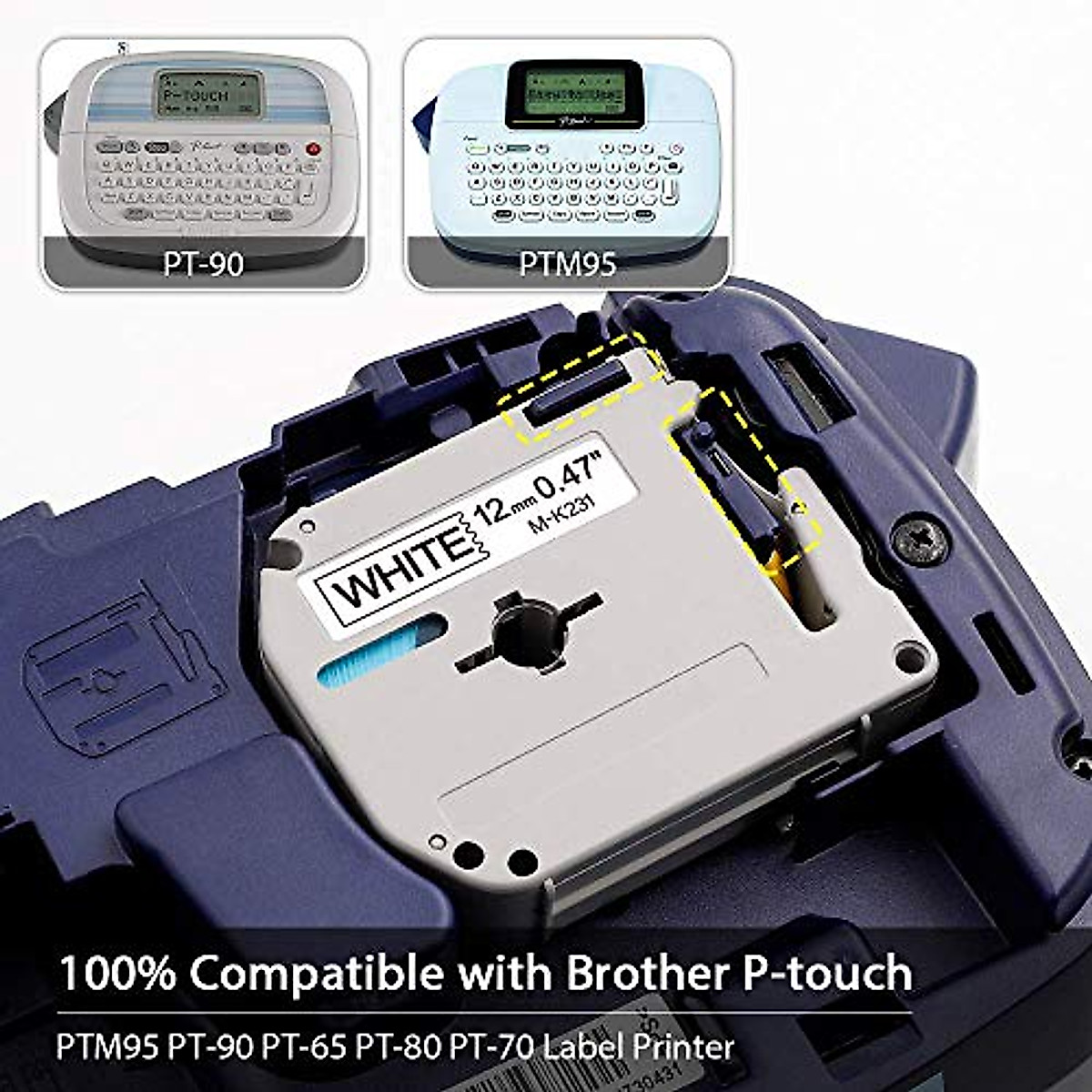 6-Pack Label Maker Tape Replace M-K231 Brother Label Maker Tape 12mm Brother Label Maker Refills M-K231, Fits Brother P-Touch M Tape M231 MK231 for Ptouch PT-M95 PT-90 PT70 PT-65 PT-85, Black on White