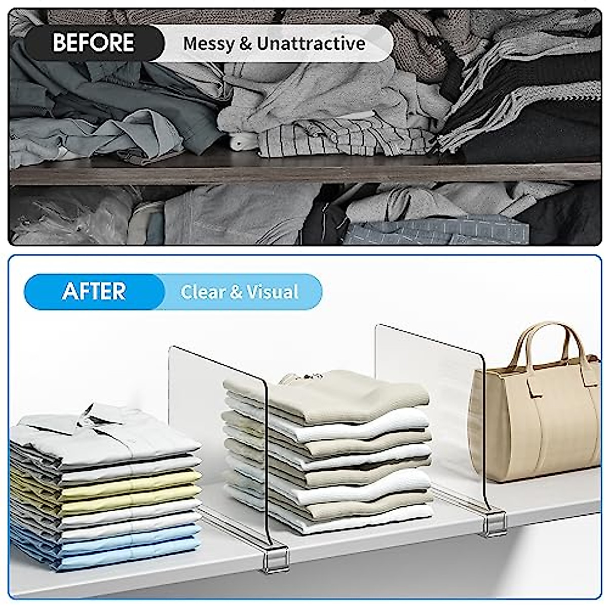 8Pack Acrylic Shelf Dividers, Vertical Organizers for Closets Storage Organizations, Clear Plastic Purse Separators for Handbags, Wood Shelves Divider for Linen Closets Kitchen Cabinet Pantry Cupboard