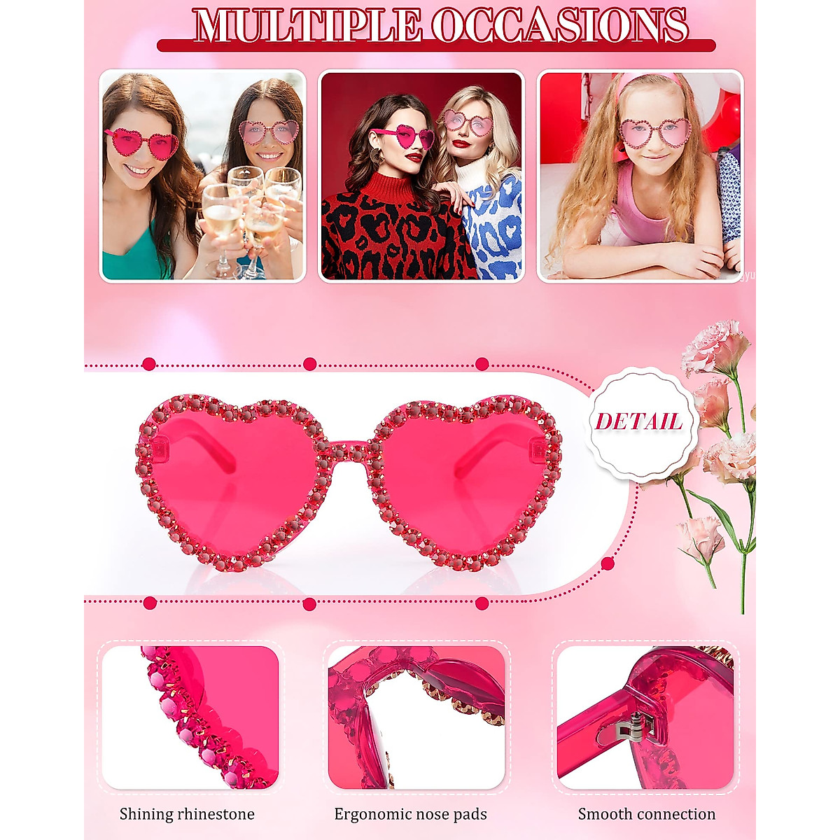 TOODOO 2 Pairs Rhinestone Heart Sunglasses Red Heart Shape Rimless Sunglasses for Women Transparent Heart Glasses (Pink, Rose Red)
