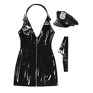 YiZYiF Women Sexy Police Officer Uniform Cosplay Lingerie Cop Outfits Latex Bodycon Mini Dress Black Medium