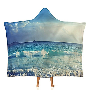 Hooded Blanket Poncho, Ocean Women Men Hooded Blanket, Beach Sunset Waves, Soft Warm Cozy, 40 x 50inches, for Kids Adults Travel Throw Blankets, Multicolor