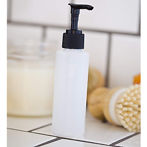 4 oz / 120 ml Clear Natural Refillable Plastic Squeeze Bottle with Black Lotion Pump (12 Pack) + Labels