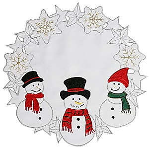 OWENIE Christmas Placemats Set of 4, White Snowman Round Place Mats for Holiday Kitchen Dining Table, Metallic Embroidered Cutwork Snowflakes for Kids, Xmas Party Decorations(4pcs, 15 inches Round)