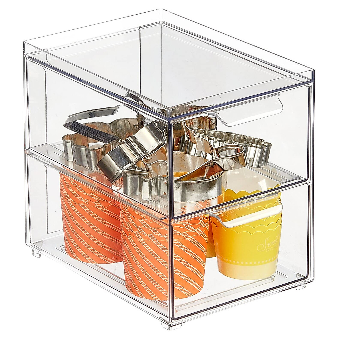 mDesign Stackable Storage Containers Box with 2 Pull-Out Drawers - Stacking Plastic Drawer Bins for Kitchen Pantry and Cupboard, Cabinet, Counter, Island and Tables - Lumiere Collection - Clear