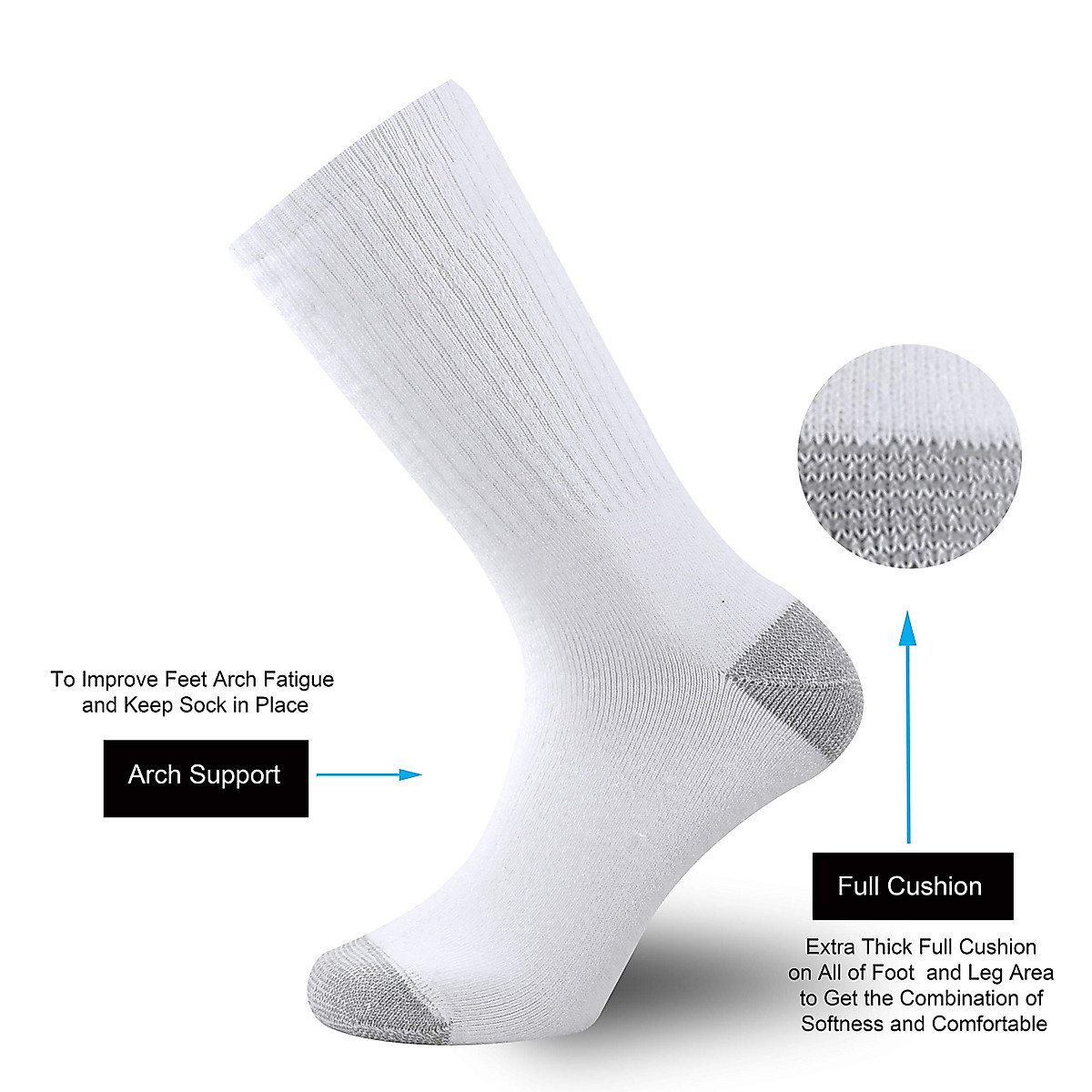 ONKE Cotton Cushion Crew Socks for Men Athletics All Seasons Thick Warm Heavy Duty Work Boot Moisture Control Sweat Wicking(White L)