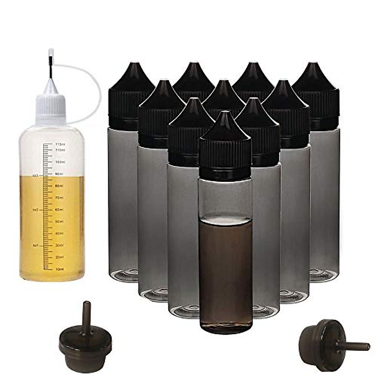 11pcs empty bottle ,10pcs 60ml PET dropper bottle,1pcs 120ml needle bottle with 10pcs Gift Sticker Labels (black-trans + black cap)