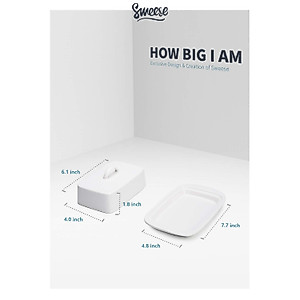 Sweese Large Butter Dish with Lid for Countertop, Porcelain 8oz Butter Keeper with Handle Cover Design, 7.7 Inch Butter Container Perfect for East/West Coast Butter, White