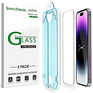 amFilm OneTouch Glass Screen Protector Compatible for iPhone 14 Pro 6.1 Inch 2022, Easiest Installation, Dynamic Island Compatible, Bubble Free and Full Coverage Case Friendly, Tempered Glass, 2 Pack