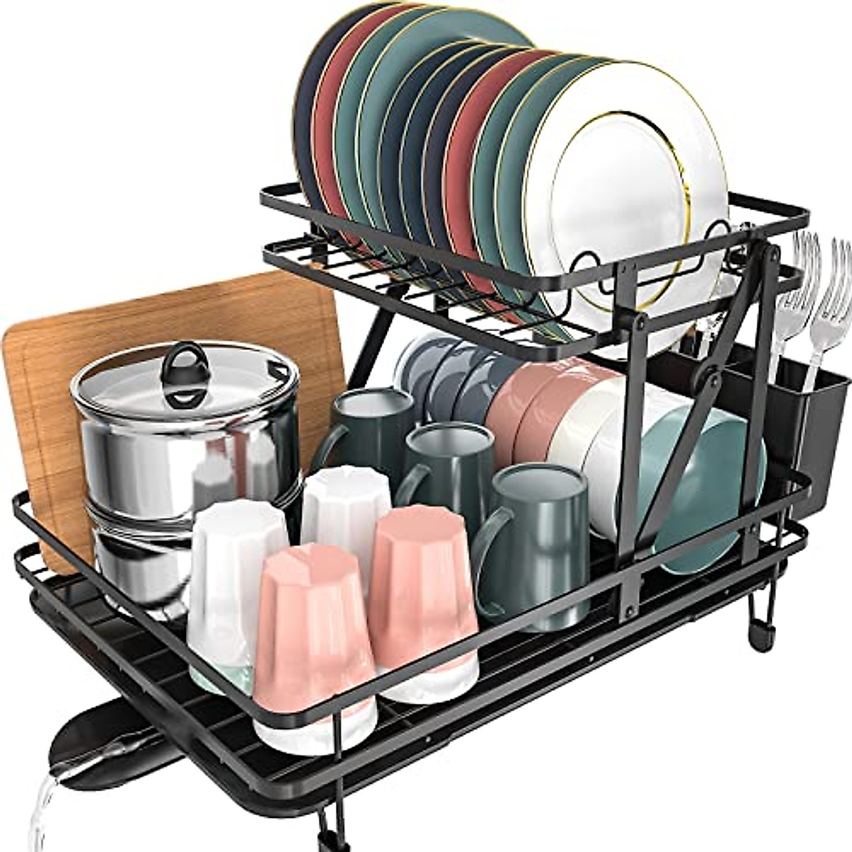 TOOLF 2 Tier Dish Drying Rack, Dish Rack for Kitchen Counter, Free Assembly Foldable Drainboard and Drainer with Wooden Utensil Holder for Kitchen Sink, Black