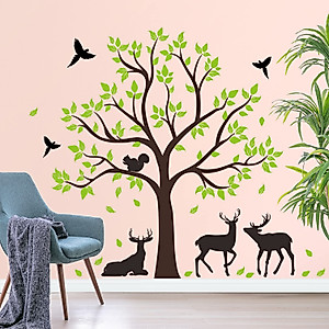 61"x56" Big Green Tree Wall Decals Elk Wall Sticker Leaves Wall Decal DIY Removable Giant Plants Animals Wall Stickers for Baby Kids Girls Bedroom Living Room Nursery Office Sofa Background Home Decor