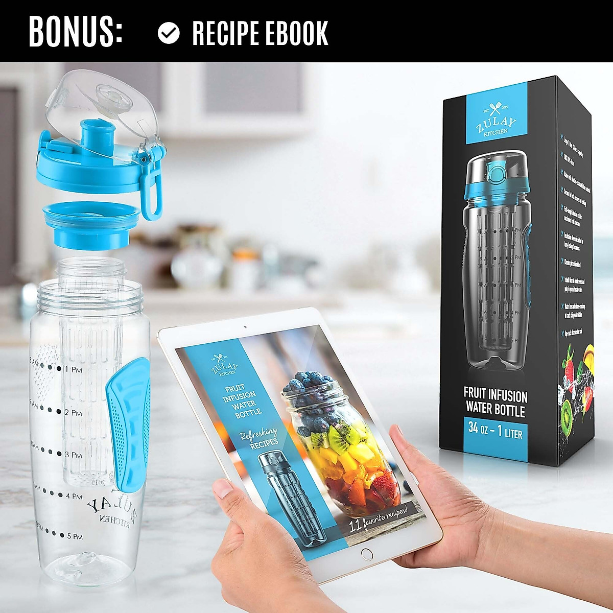 Zulay 34 oz Large, Leakproof Fruit Infuser Water Bottle with Anti-Slip Grip - Men and Women's Ideal Fitness Gift Or For Gym, Camping, and Travel - Lake Blue