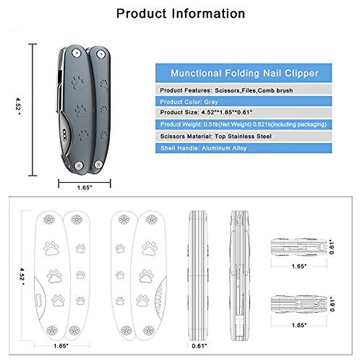 KUSSONLI Pet Nail Clippers and Trimmers-Multifunctional Foldable Type with Safety Guards to Avoid Excessive Cutting, Built-in Nail File and Comb,Stylish Appearance,Professional Grooming Tool.